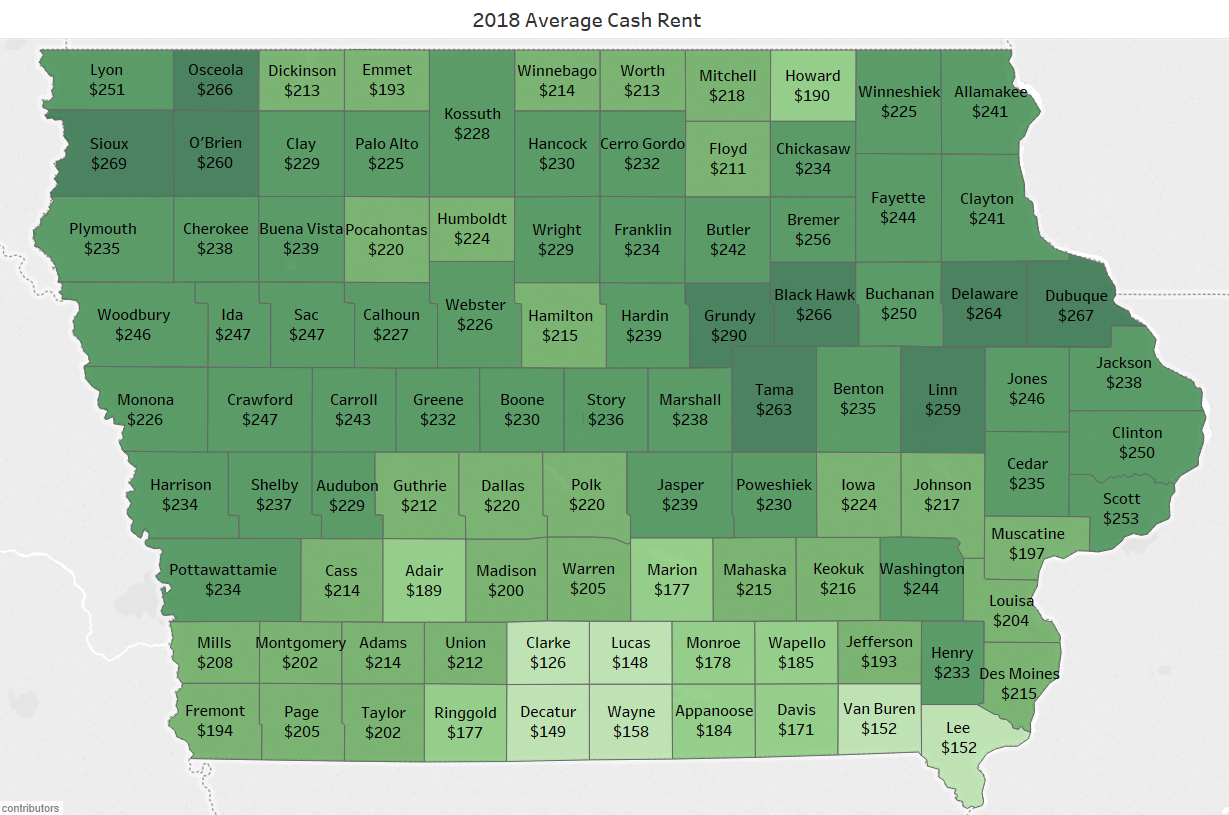 2018 Iowa Average Cash Rental Rates by County